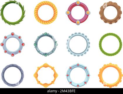 Ui game frames, gold textured round, square and hexagon borders with ...