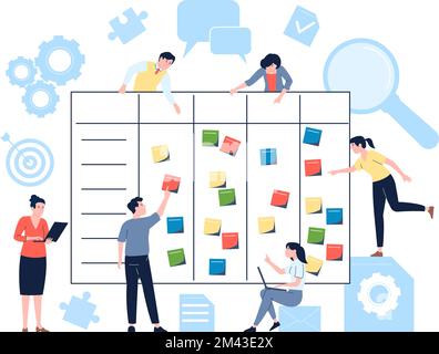 agile visual project management method, teamwork concepts. programmer team moving cards on ...