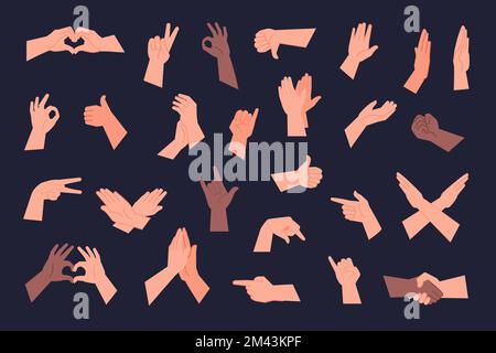 Hand gestures. Human palms and wrist showing emotions and signs, arm poses pointing fingers ...