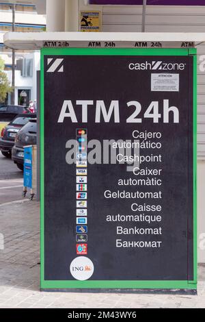 24 hour ATM machine, cash zone, in several languages, Vilajoyosa ...