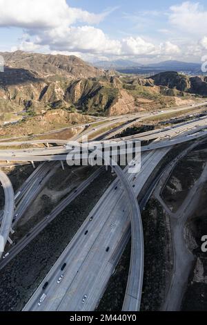 Aerial view of the Golden State 5 and Antelope Valley 14 freeway ...