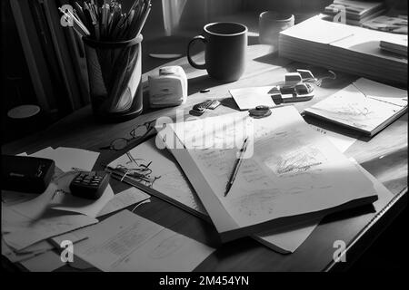 A cluttered desk with pens, papers, and other planning materials ...