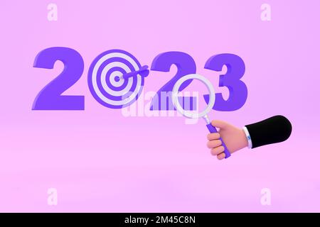 3D. Target dart and magnifier glass for focus business new year 2023 ...