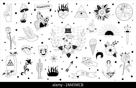 Set of tattoo in y2k, 1990s, 2000s style. Emo goth element design with ...