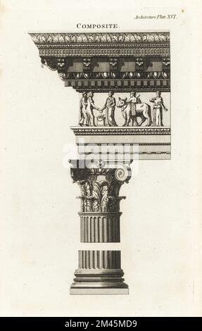 Composite order from the Arch of Titus, Rome. Richly ornamented frieze ...