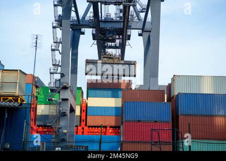 Container port with container ship. berthing crane loads container onto ...