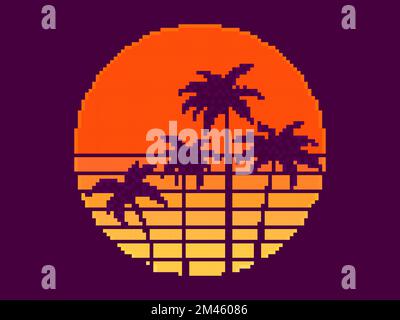 Pixel art palm trees at sunset in 80s style. 8-bit sun synthwave and ...