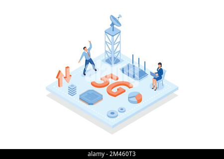 Conceptual template with man and woman looking at laptop computers with ...