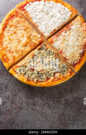Pizza four cheese on a board and wooden backgound Stock Photo - Alamy