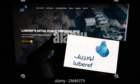 Smartphone with logo of Saudi Arabian base oil company Luberef on ...