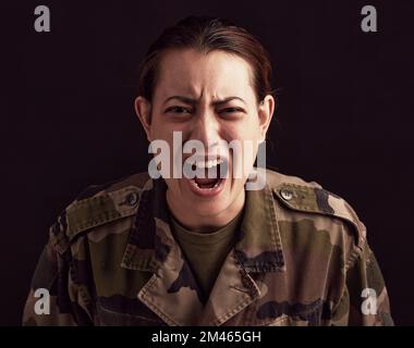 War, crying and military woman with ptsd, trauma and anxiety, screaming ...