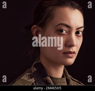 Military woman, mental health and crying in studio for depressed ...