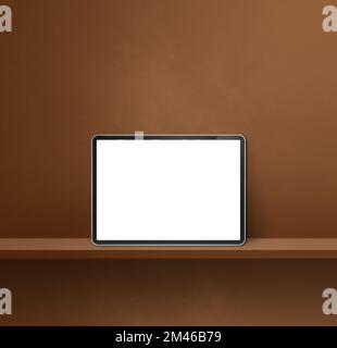Digital tablet pc on brown wall shelf. Vertical background banner. 3D ...