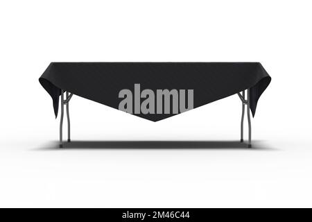 Black tapered table cloth draped over a folding trestle table. Side ...