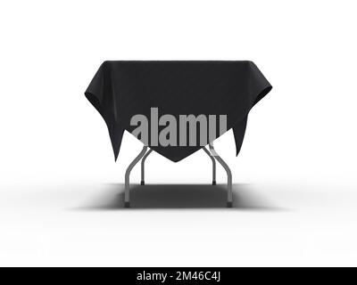 Black tapered table cloth draped over a folding trestle table ...