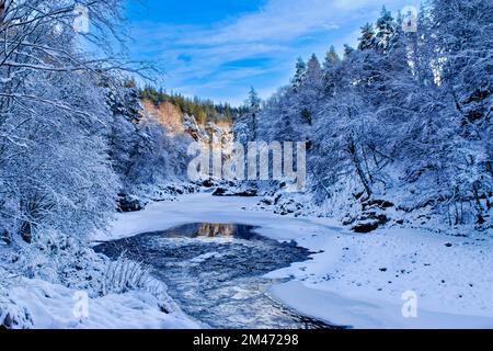 River Findhorn Moray Scotland with deep snow in winter the river water ...