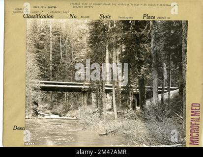 Cougar Creek log stringer bridge. Original caption: Side view showing ...