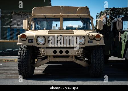 Frontal detail of a Humvee in a military base of the United States of ...