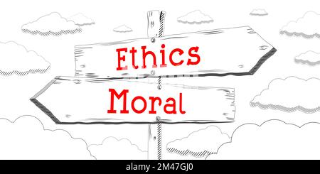 Ethics, moral - wooden signpost with two arrows Stock Photo - Alamy