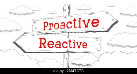 Proactive, reactive - outline signpost with two arrows Stock Photo - Alamy