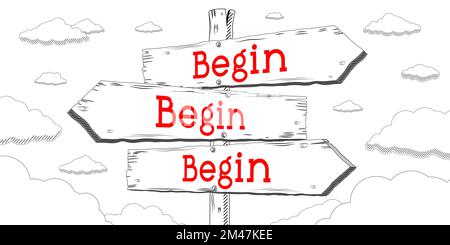 Begin - outline signpost with three arrows Stock Photo - Alamy