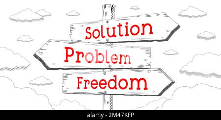 Solution, problem, freedom - outline signpost with three arrows Stock ...