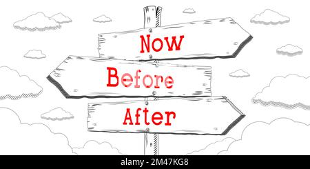 Now, before, after - outline signpost with three arrows Stock Photo - Alamy