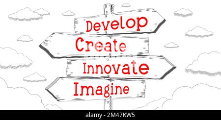 Develop, create, innovate, imagine - outline signpost with four arrows Stock Photo - Alamy