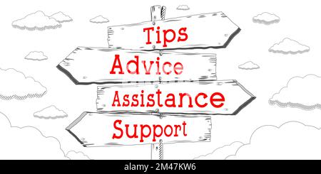 Tips, advice, assistance, support - outline signpost with four arrows ...