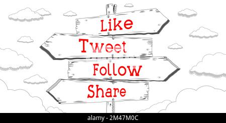 Like, tweet, follow, share - outline signpost with four arrows Stock ...