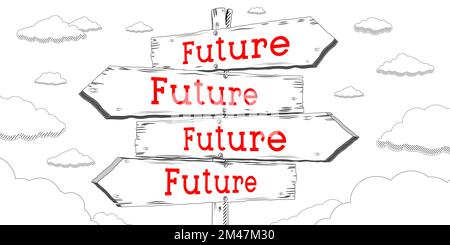 Future - outline signpost with four arrows Stock Photo - Alamy