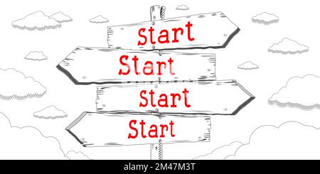 Start - outline signpost with four arrows Stock Photo - Alamy