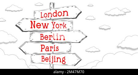 Berlin, London, Paris - outline signpost with three arrows Stock Photo ...