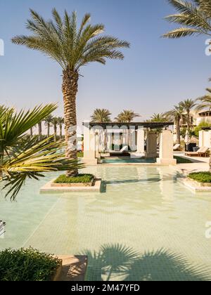The vast infinity pool with palm trees and cabanas at the Al Wathba ...
