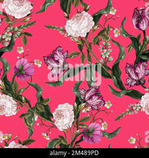 Vintage seamless pattern with pink tulips flowers and leaves on blue ...
