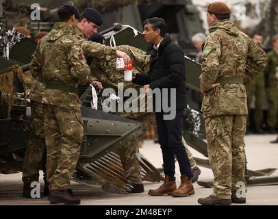 Prime Minister Rishi Sunak has a cup of tea with troops at the Tapa ...
