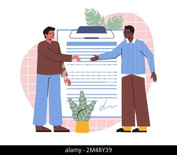 Cartoon people sign document. Conclusion of transaction. Confirmation ...