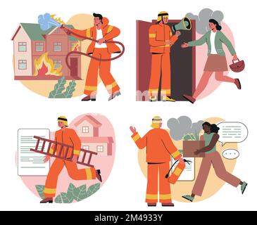 Fire alarm evacuation cartoon concept with fireman instructing kids and ...
