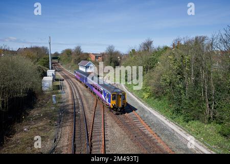 Poulton Le Fylde mechanical railway signal box on its last day in use with a Northern Rail class ...