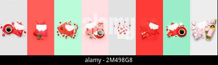 Envelopes, rose, gift, candles and hearts on light background with ...
