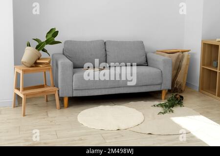 Interior of messy room with grey sofa and overturned furniture after ...