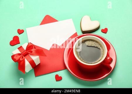 Blank letter with cookie, gift and hearts on grunge background ...