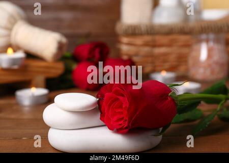 Beautiful spa composition for Valentine's Day with stones, candles and ...
