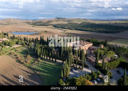 Aerial view, Castello di Leonina, country estate with cypresses, Val d ...