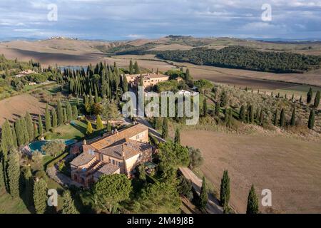 Aerial view, Castello di Leonina, country estate with cypresses, Val d ...