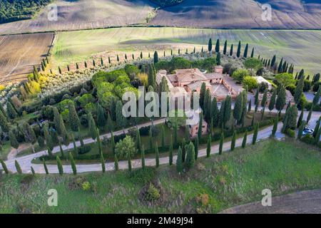 Aerial view, Castello di Leonina, country estate with cypresses, Val d ...