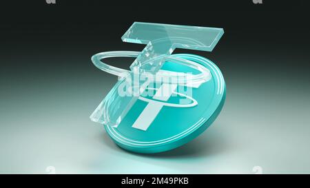Tether logo and coins on dark background Stock Photo - Alamy