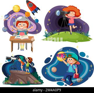 Set of student kids learning astronomy illustration Stock Vector Image ...