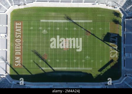 A general overall aerial view of Snapdragon Stadium, Saturday, Dec. 14, 2024, in San Diego ...