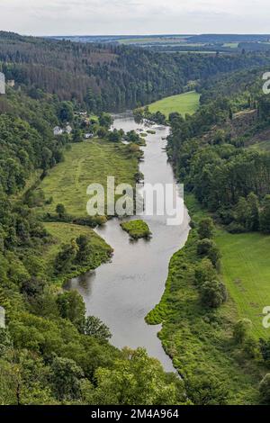 An aerial view of the Berounka river in the greenery of Havlova Skala ...